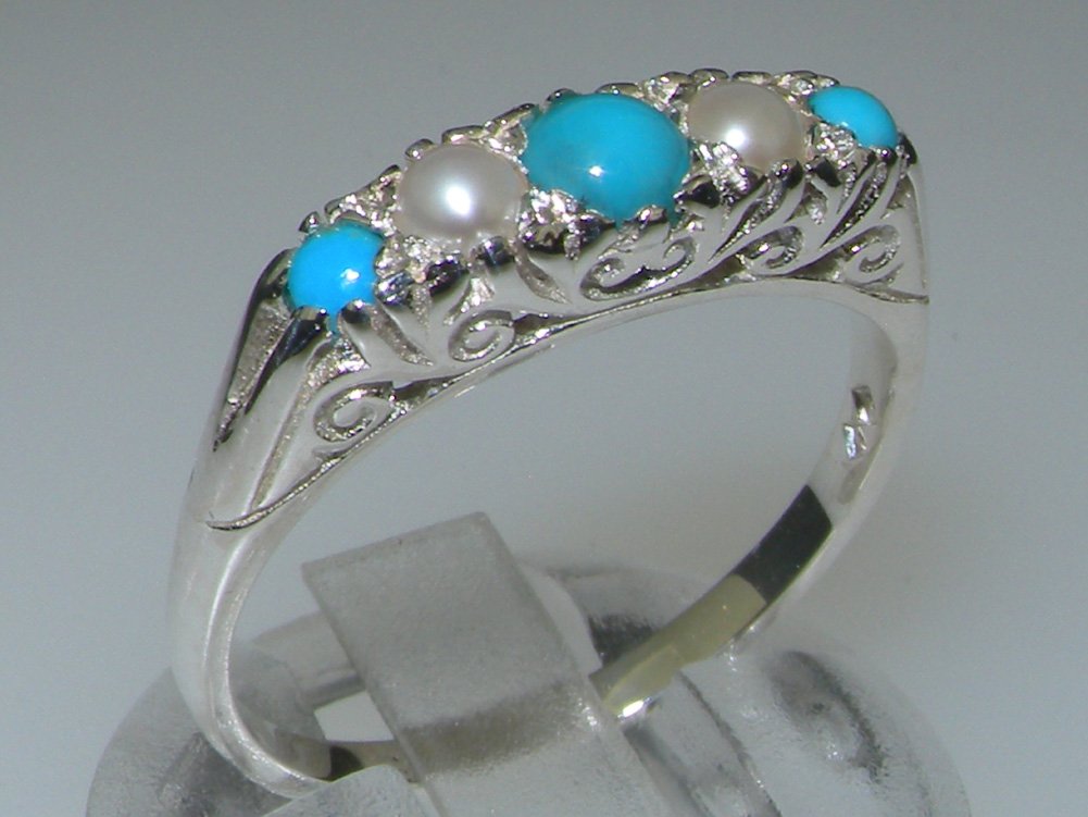 925 Sterling Silver Natural Turquoise and Cultured Pearl Womens Band Ring - Size 7.75