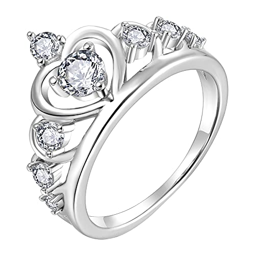 YL Womens 925 Sterling Silver Cubic Zirconia Princess Heart Crown Ring, Size 9