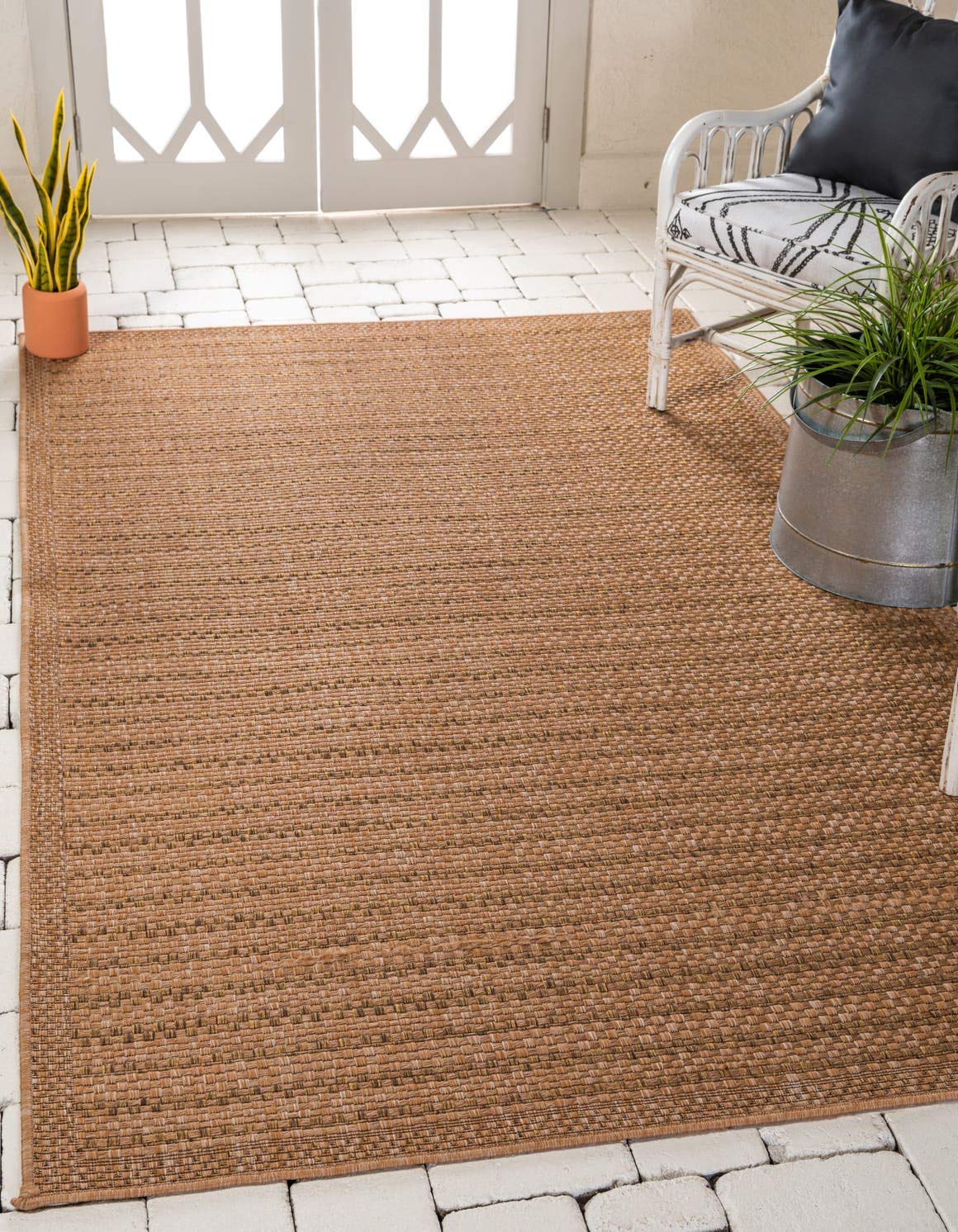 Unique Loom Outdoor Border Collection Area Rug - Checkered (8' x 11' 4" Rectangle, Light Brown)