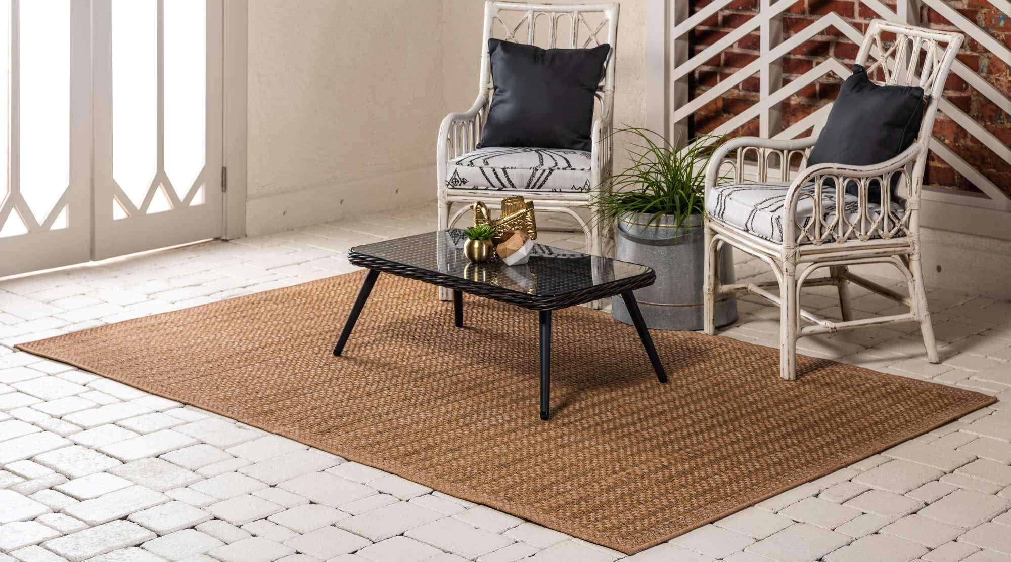 Unique Loom Outdoor Border Collection Area Rug - Checkered (8' x 11' 4" Rectangle, Light Brown)