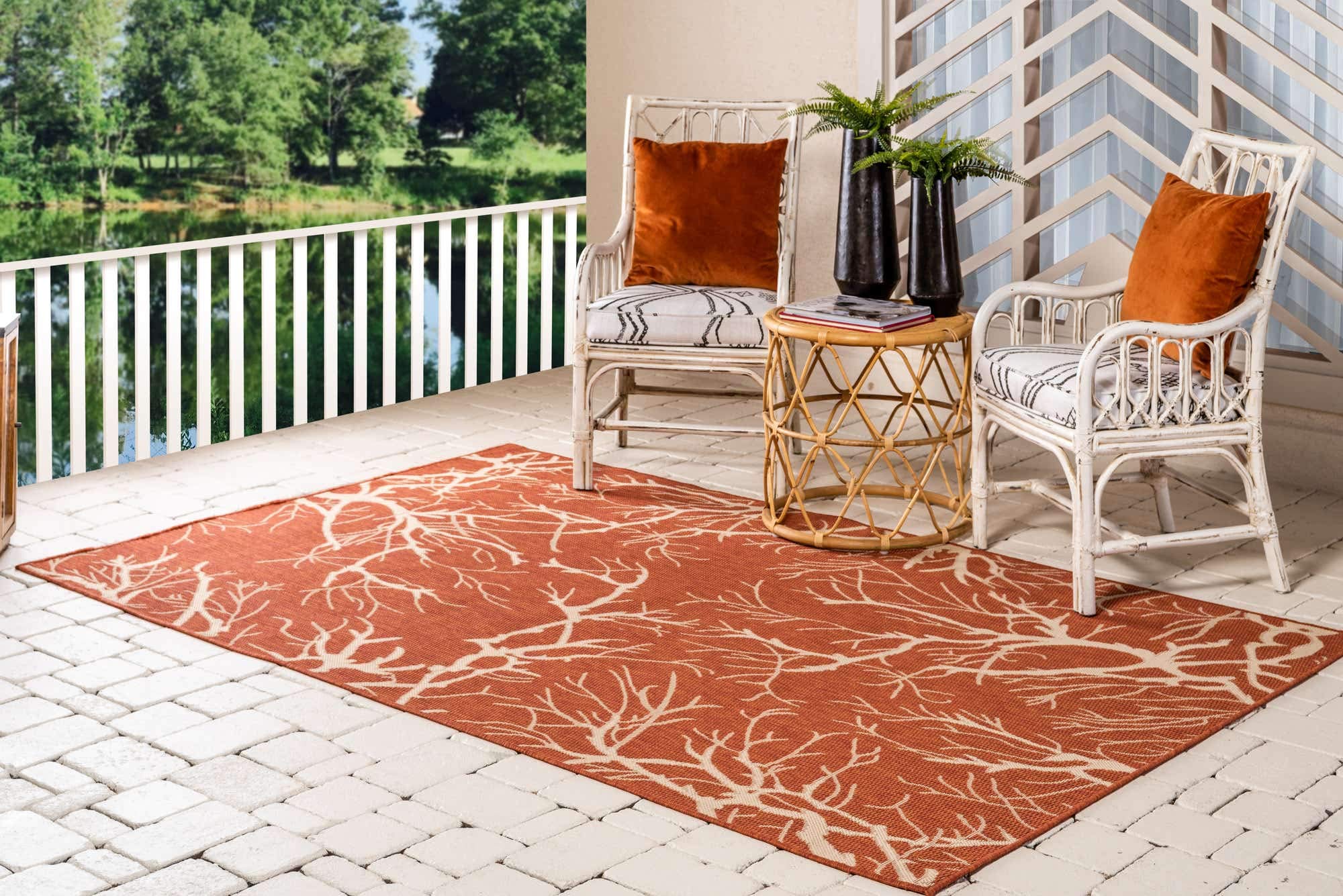 Unique Loom Outdoor Botanical Collection Area Rug - Branch (9' x 12' 2" Rectangle, Terracotta/ Beige)