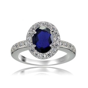 ice gems sterling silver created blue sapphire and white topaz oval halo ring