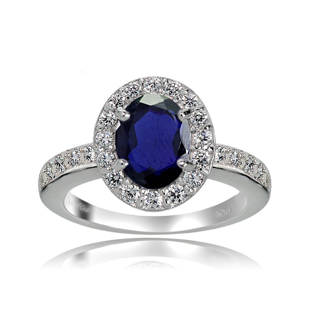 Ice Gems Sterling Silver Created Blue Sapphire and White Topaz Oval Halo Ring