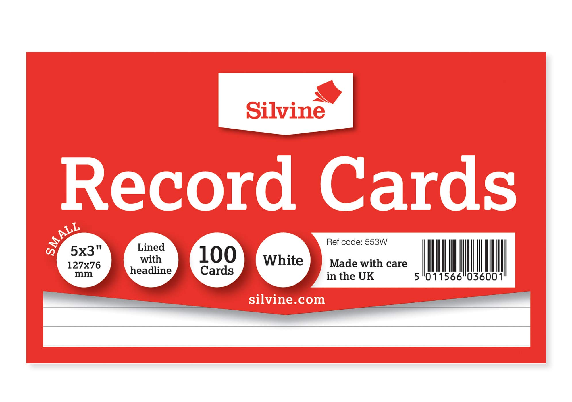 Silvine 5x3 Record Cards - Lined with headline, 100 cards per pack. Ref 553W (127 x 76mm)