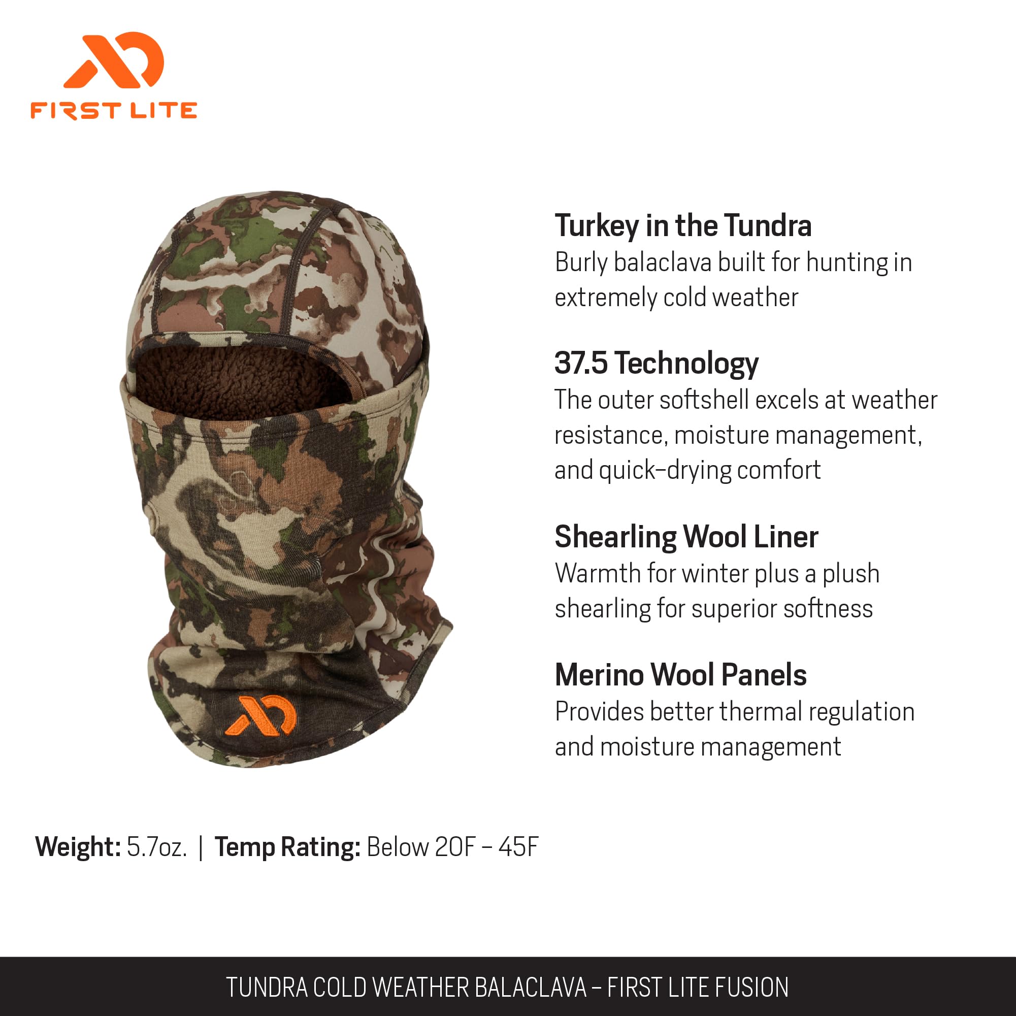 First Lite Tundra Cold Weather Balaclava - Warm Merino Wool Camo Hunting Face Mask - First Lite Fusion - One Size