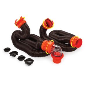 camco rhinoflex 20-ft camper/rv sewer hose kit - features clear elbow fitting w/removable 4-in-1 adapter - connects to 3” slip or 3”/3.5”/4” npt threaded sewer connection (39742)