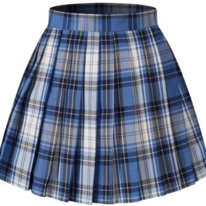 Women`s plaid short A line Skirts costumes (3XL, Blue mixed white black)