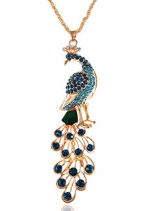 alilang golden tone blue green colored rhinestone peacock bird pendant chain necklace