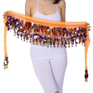 zltdream belly dance color sequin film gong hip scarf skirt with gold coins for women belly dancer costume chiffon orange