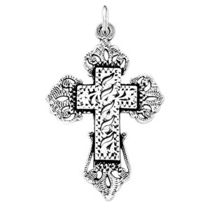 rosecharm cross necklace, stainless sterling silver, stunning & charmful pendants, faith & elegance, religious gifts for men & women, textured surface, 39.1mm length and 23.5mm thickness