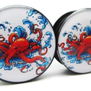 Red Octopus Ear Plugs - Acrylic Screw-On - 10 Sizes - Brand NewPair (13/16" (20mm))