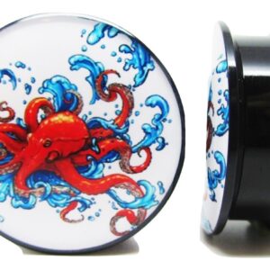 Red Octopus Ear Plugs - Acrylic Screw-On - 10 Sizes - Brand NewPair (13/16" (20mm))