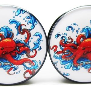 Red Octopus Ear Plugs - Acrylic Screw-On - 10 Sizes - Brand NewPair (13/16" (20mm))