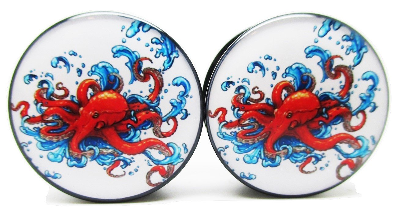 Red Octopus Ear Plugs - Acrylic Screw-On - 10 Sizes - Brand NewPair (13/16" (20mm))