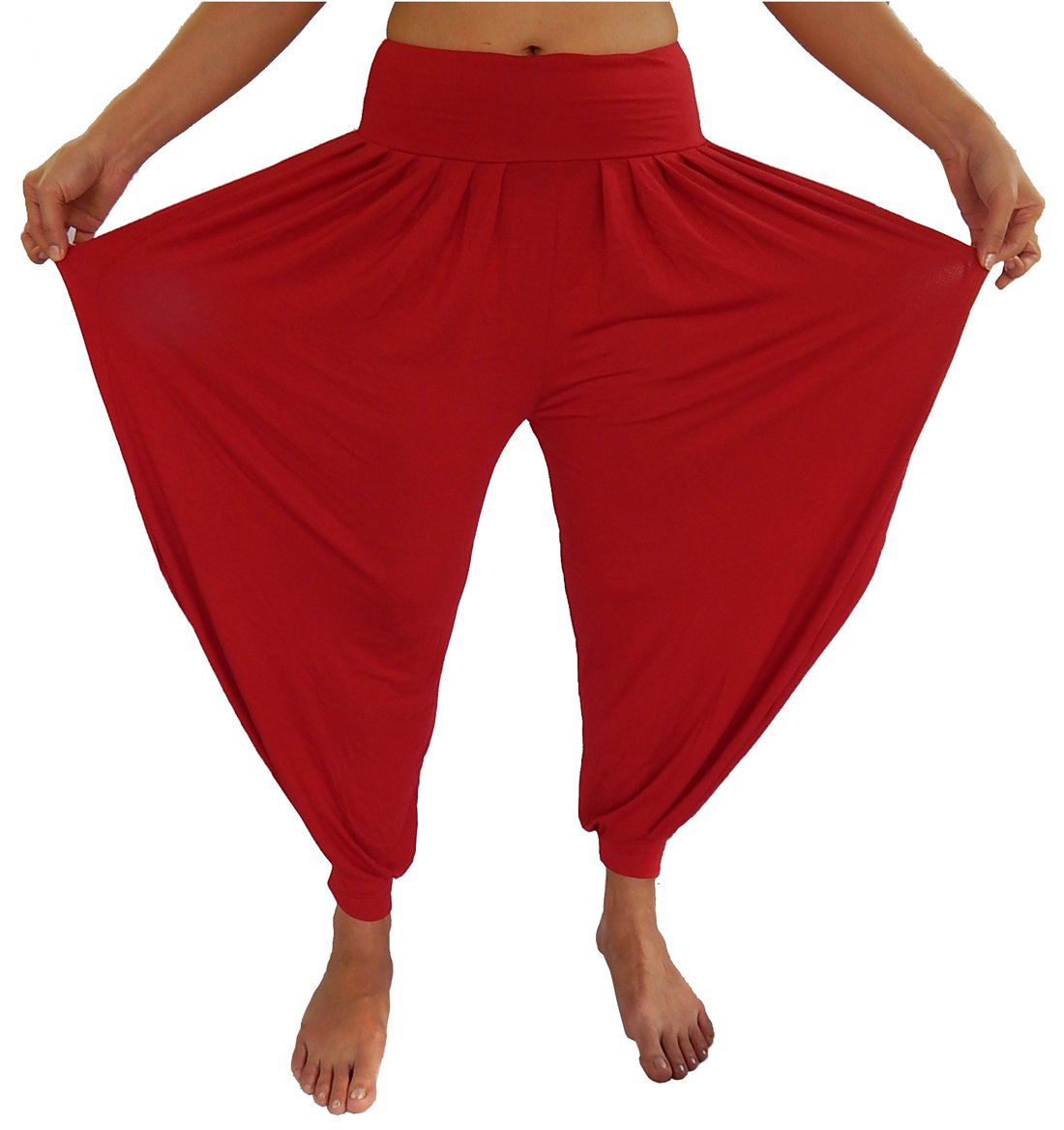 Lovely Creations Women's Drape Harem Pants Best for Dance, Yoga, Pilates, Belly Dance Fitness, Lounging - Super Soft Aladdin Pants Free Size (S-XL) (JS Red)