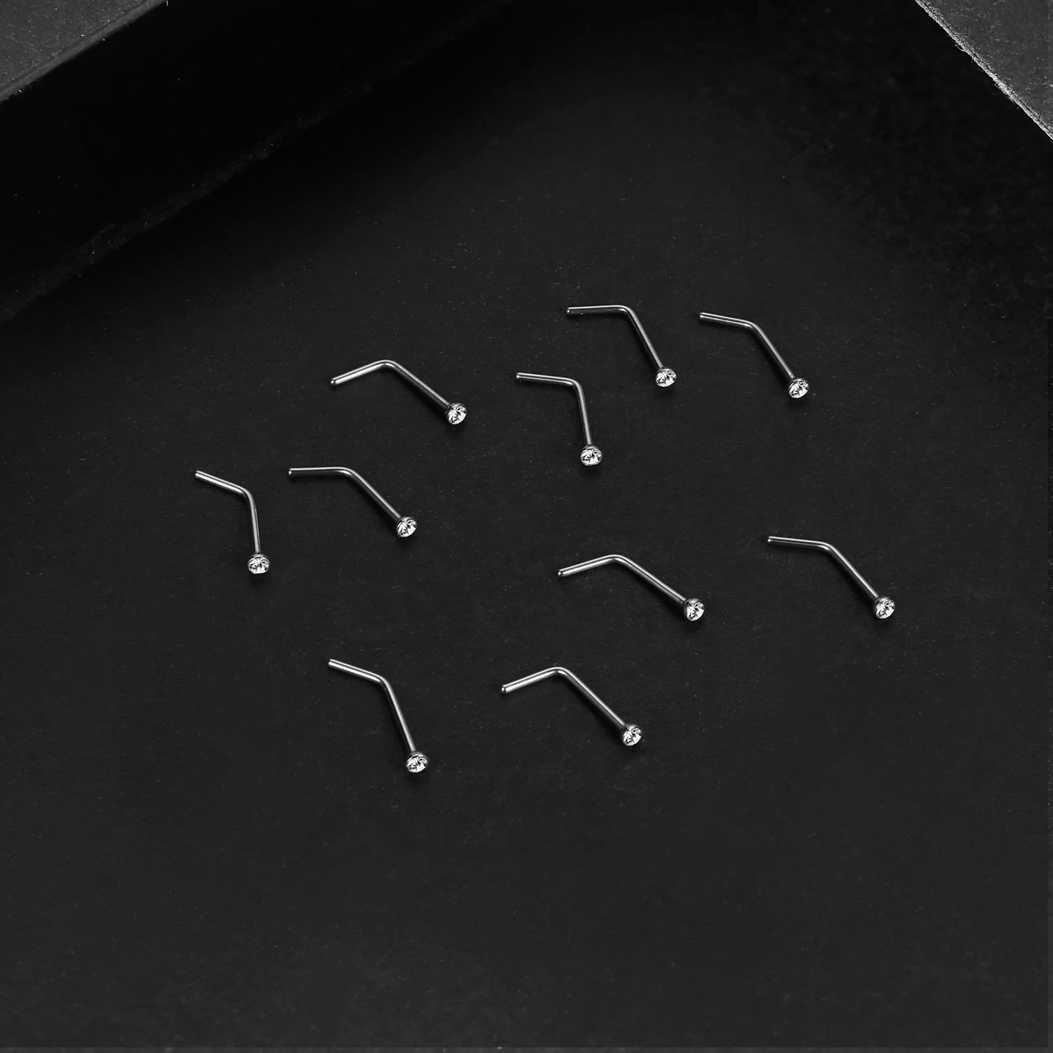 Charisma Small Nose Studs Stainless Steel Curved Nose Stud Bend L Shape Nose Ring Screw Piercing Jewelry Tiny Bone Studs for Women Men Hypoallergenic 20G (10pcs,Clear CZ, L-shape,1.8mm)