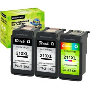 greencycle re-manufactured pg210 210xl pg210xl cl-211xl 211xl ink cartridge compatible for canon pixma ip2700 mp230 mp480 mp490 mx350 mx360 mx410 mx420 printers (black, 2 pack; tri-color, 1 pack)