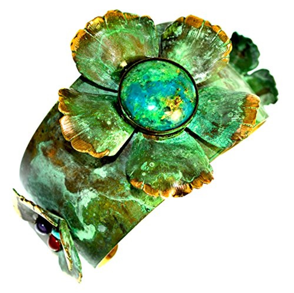 Elaine Coyne Collectible Artwear Verdigris Patina Sculptural Floral Cuff Bracelet - Chrysocolla