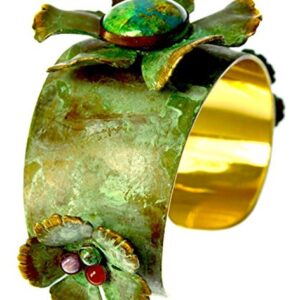 Elaine Coyne Collectible Artwear Verdigris Patina Sculptural Floral Cuff Bracelet - Chrysocolla