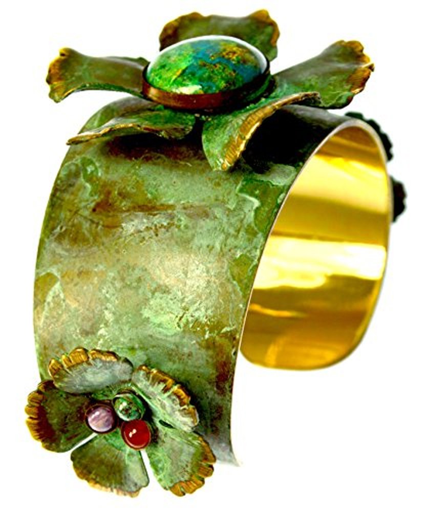 Elaine Coyne Collectible Artwear Verdigris Patina Sculptural Floral Cuff Bracelet - Chrysocolla