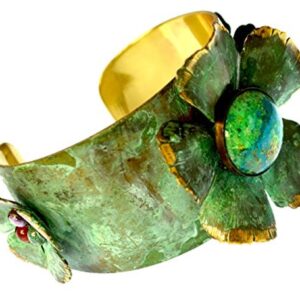 Elaine Coyne Collectible Artwear Verdigris Patina Sculptural Floral Cuff Bracelet - Chrysocolla