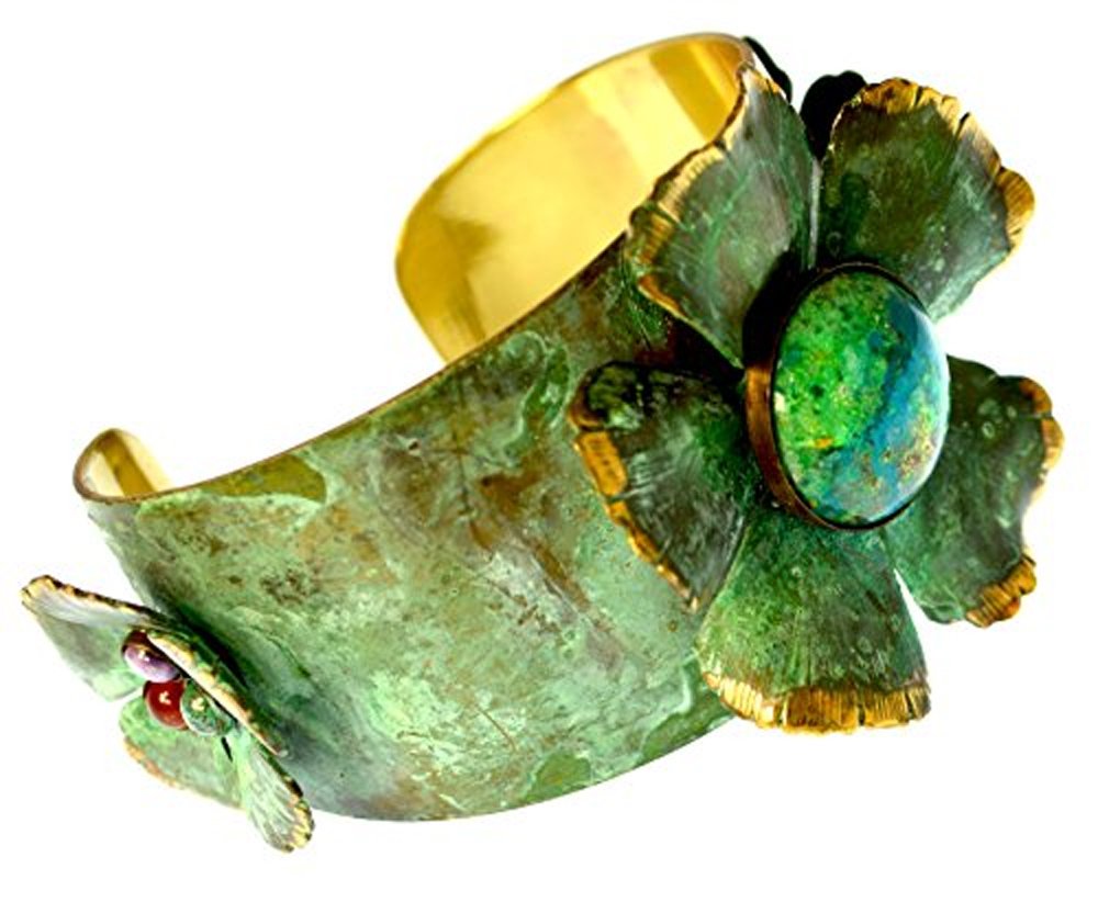 Elaine Coyne Collectible Artwear Verdigris Patina Sculptural Floral Cuff Bracelet - Chrysocolla