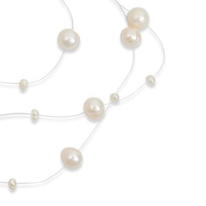 Shades of White Multi Strand Fishing Line Freshwater Cultured Pearl Illusion Necklace For Women Wedding Bridesmaid Formal Party