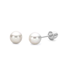 14k real white gold 4mm freshwater cultured pearl stud earrings with screw back