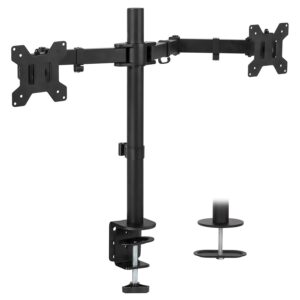 mount-it! dual monitor mount | double monitor desk stand | two heavy duty full motion adjustable arms fit 2 computer screens 17 19 20 21 22 24 27 inch | vesa 75 100 | c-clamp and grommet base