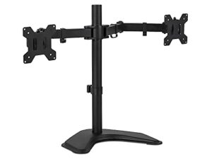 mount-it! dual monitor stand for desk - double monitor mount for 2 screens up to 32 inch and 17 lbs - free-standing base swivel, tilt, rotates 360 adjustable arms - vesa compatible high grade steel