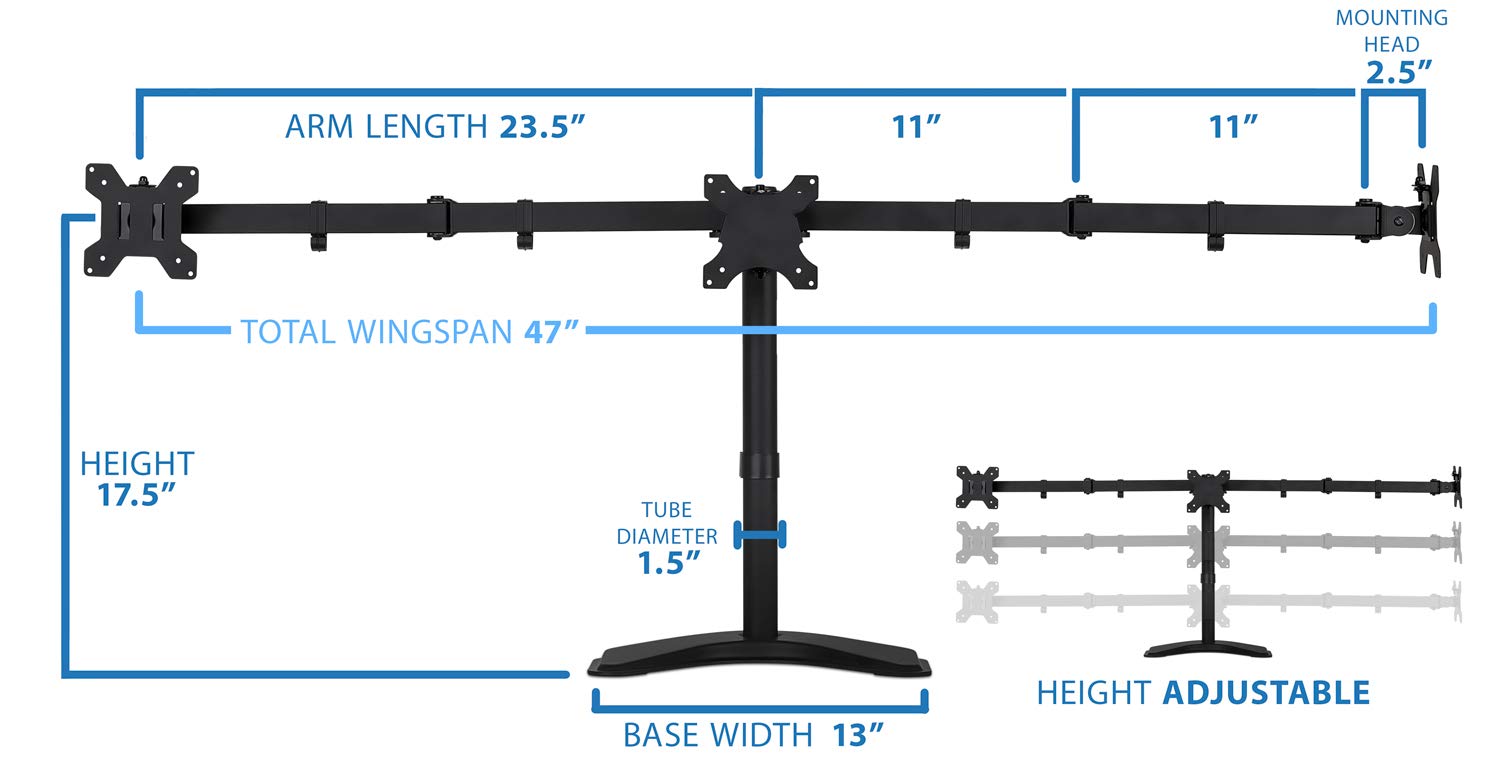 Mount-It! Triple Monitor Stand | 3 Monitor Stand Fits 19 20 21 22 23 24 Inch Computer Screens | Free Standing Base | Three Heavy Duty Full Motion Adjustable Arms | VESA Compatible