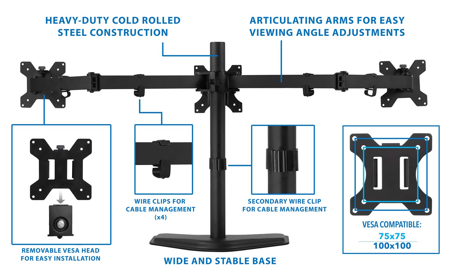 Mount-It! Triple Monitor Stand | 3 Monitor Stand Fits 19 20 21 22 23 24 Inch Computer Screens | Free Standing Base | Three Heavy Duty Full Motion Adjustable Arms | VESA Compatible