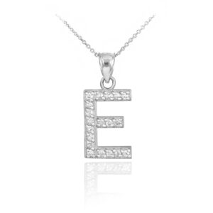 14k white gold diamond-studded initial letter e pendant necklace, 22"