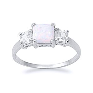 double accent sterling silver square simulated white opal princess cz three stone anniversary ring 7mm (size 4 to 10), 6