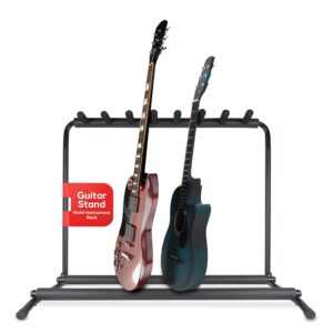 pyle multi-guitar stand 7 slot display rack - universal framework designed for electric, acoustic, bass guitars & cases - foldable, portable, and protective with no-slip non-scratch padding - black