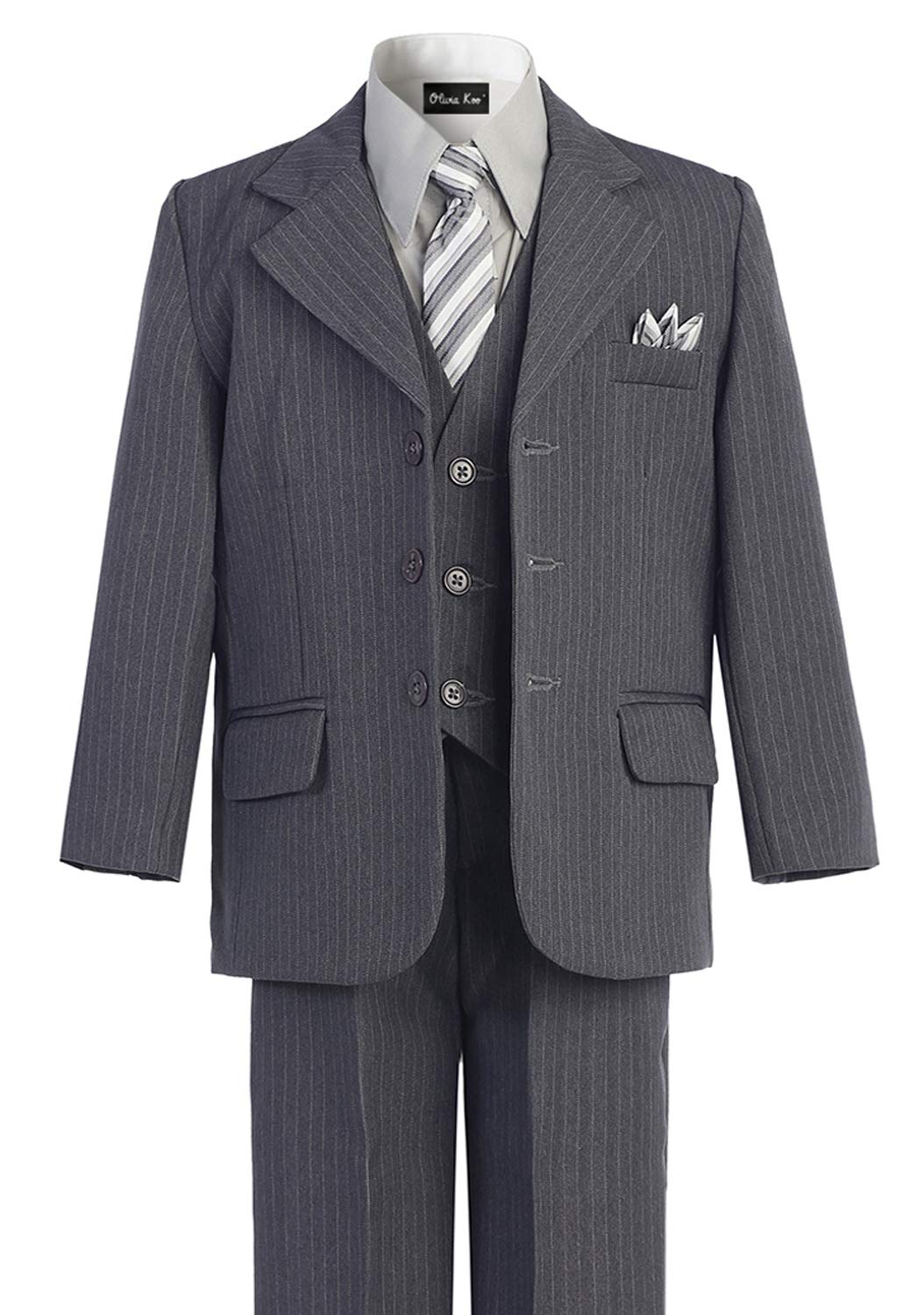 OLIVIA KOO Boys Pinstripe 6-Piece Suit With Matching Neck Tie and Pocket Square,Gray,3T