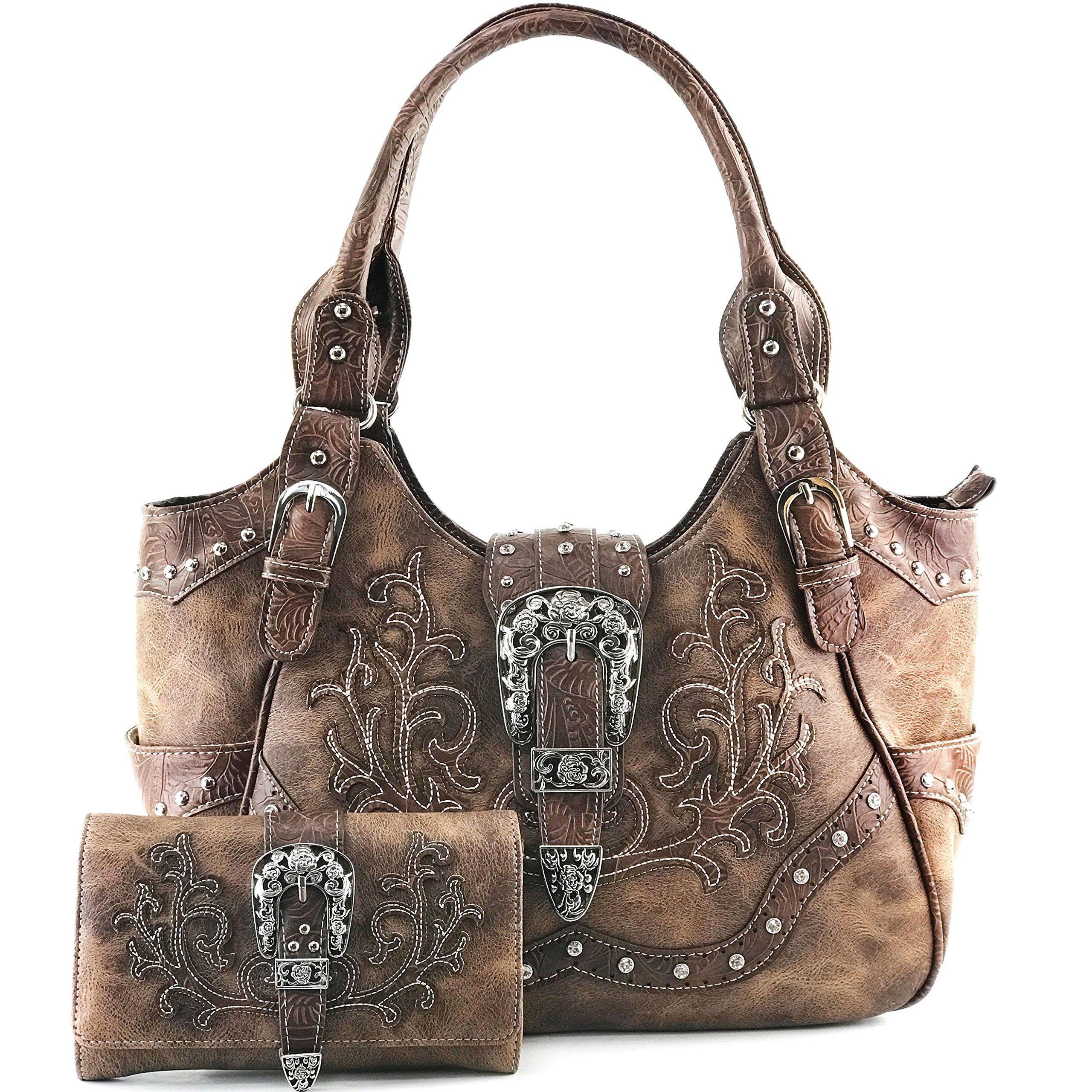 Justin West Western Brown Purse Floral Buckle Concealed Carry Handbag