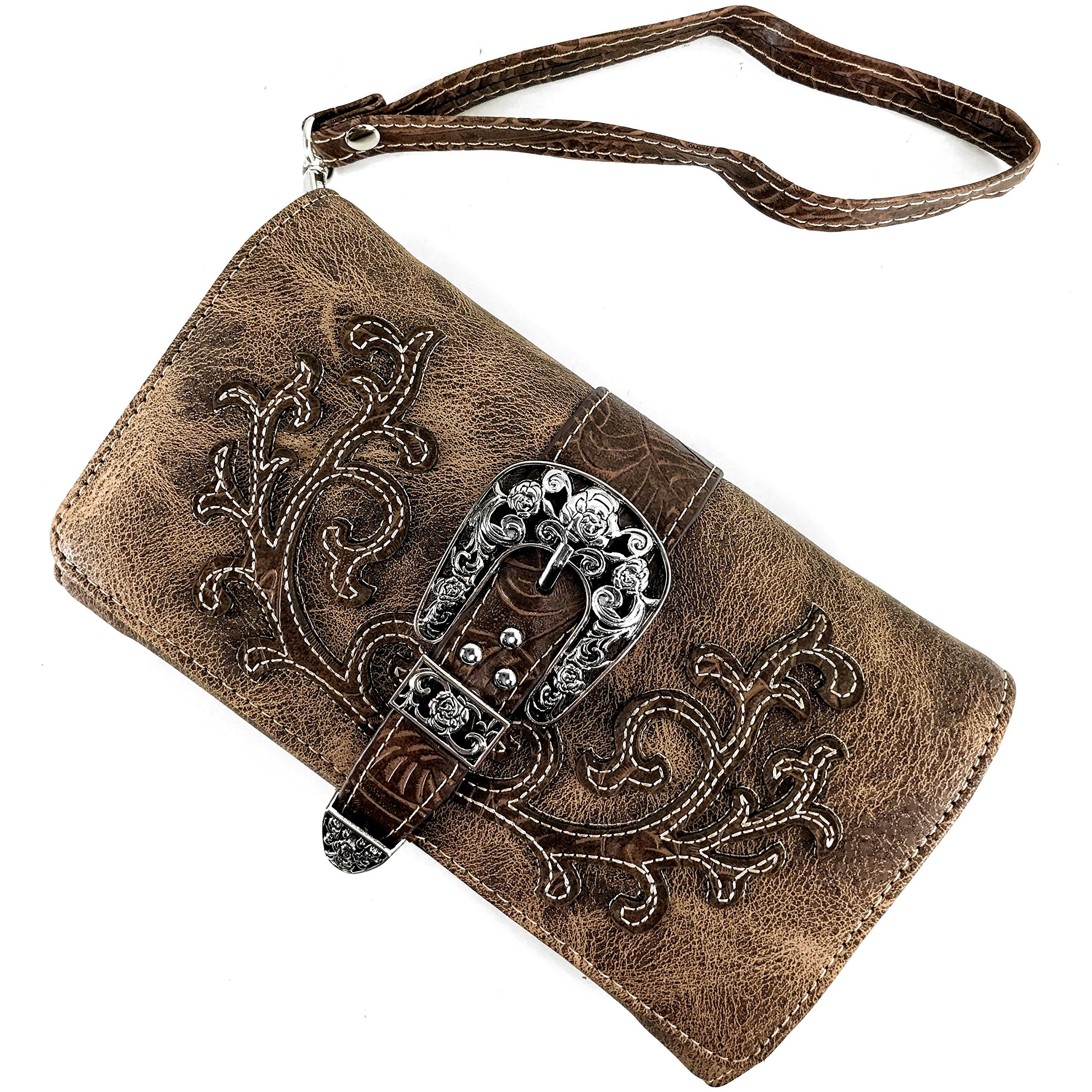 Justin West Western Brown Purse Floral Buckle Concealed Carry Handbag