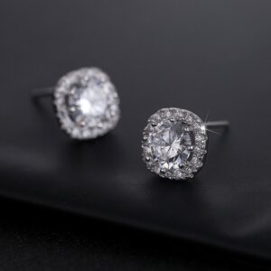 SENCLE S925 Sterling Silver with 18K White Gold Plated Square Cubic Zirconia Halo Stud Earrings for Women