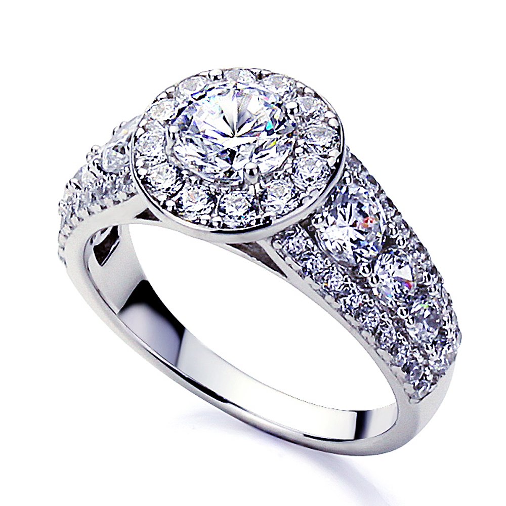 DoubleAccent Platinum Plated Sterling Silver Ring 1 CT Round CZ Stone Halo Wedding Engagement Ring (Size 5 to 9), 7