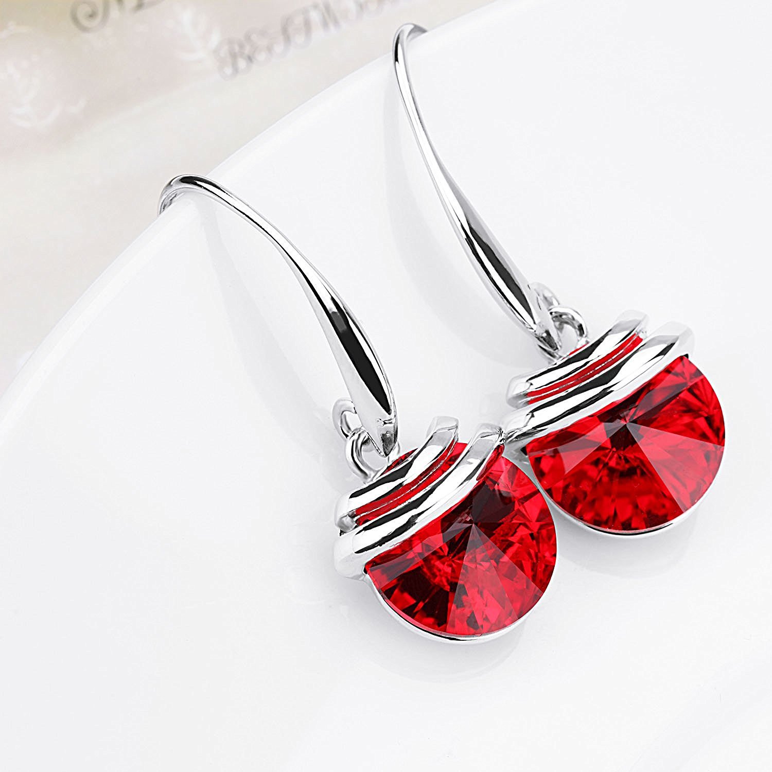 Crystal French Wire Dangle Drop Earrings (Red)