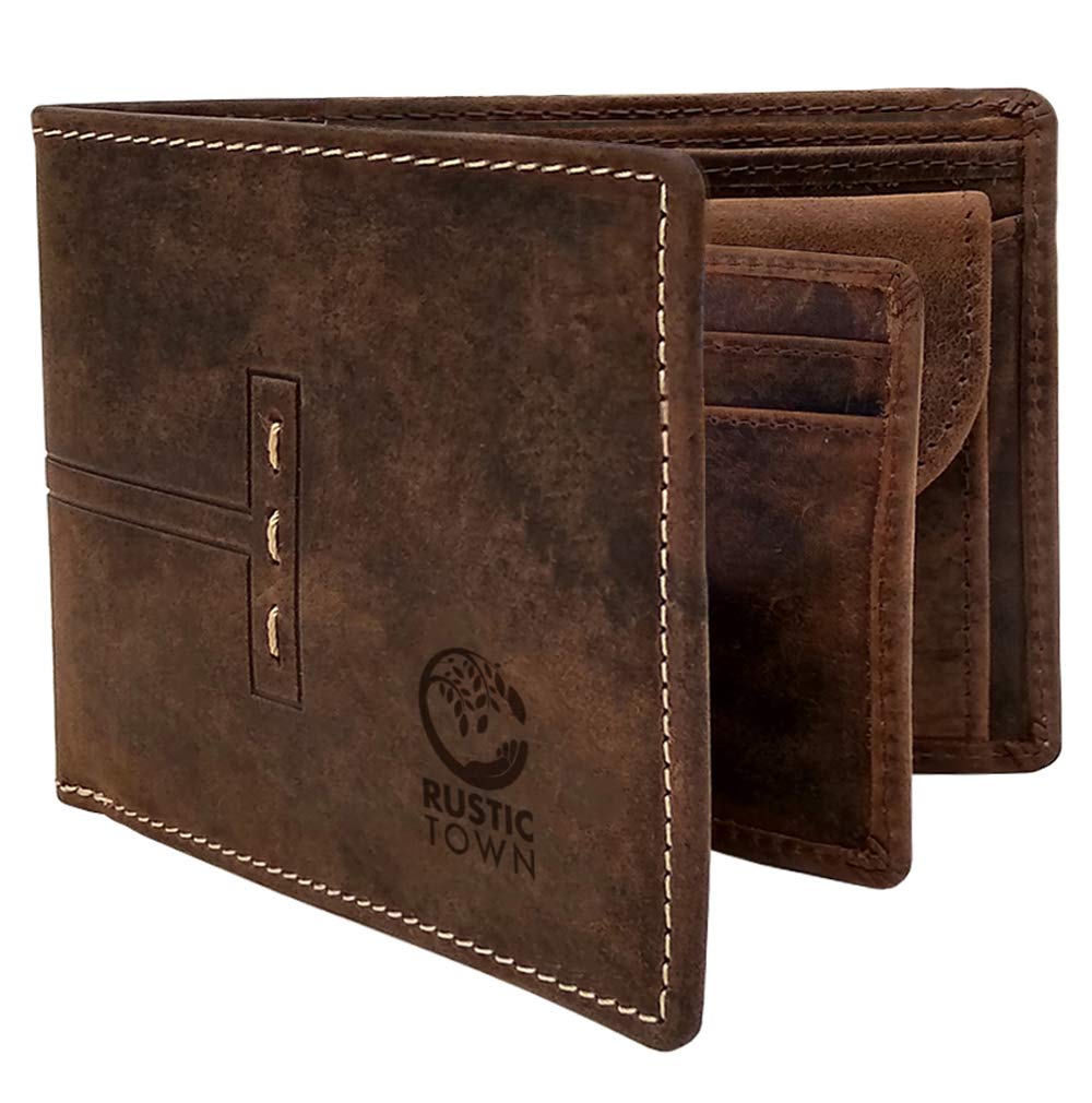 RUSTIC TOWN Full Grain Leather Wallet for Men | RFID Protecting | Handmade Vintage Bifold Travel Wallet | Slim Billfold with Credit Card Slots and Coin Pocket | Gift for Him