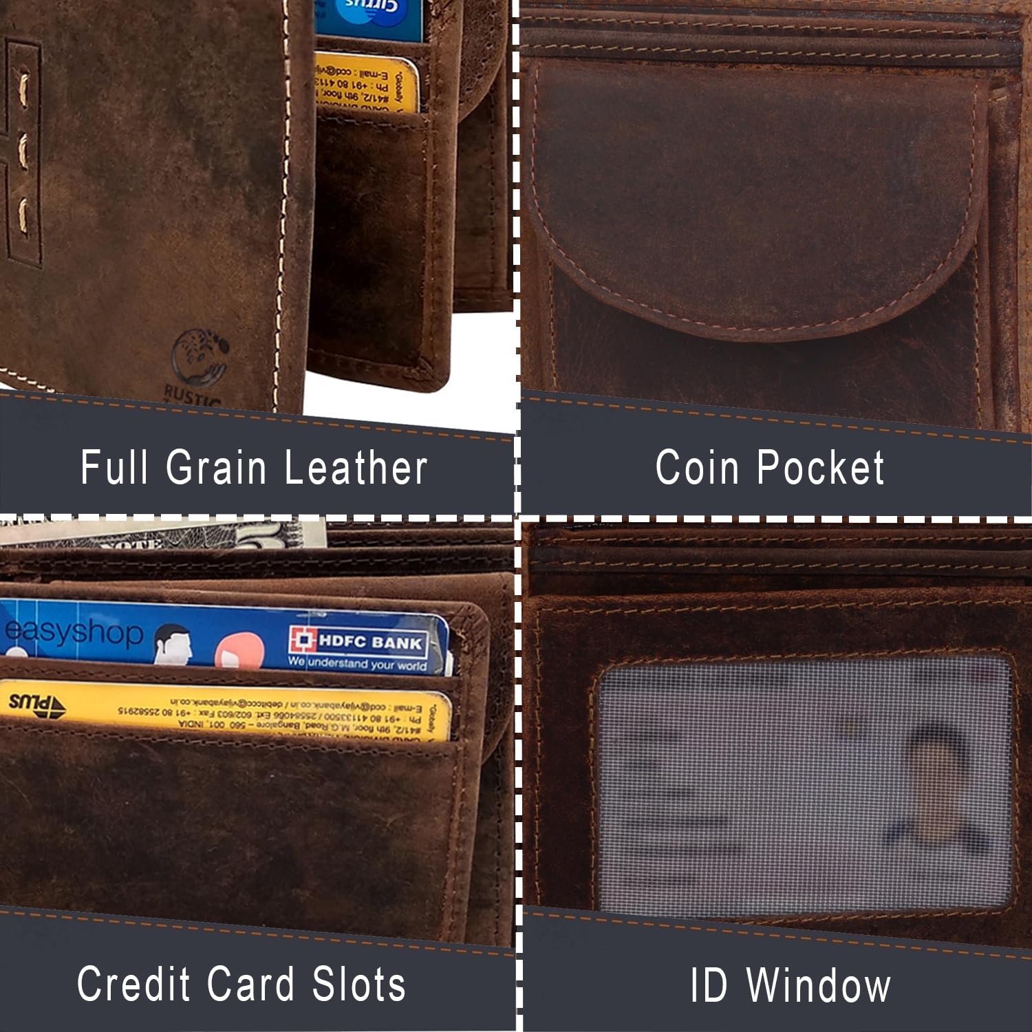 RUSTIC TOWN Full Grain Leather Wallet for Men | RFID Protecting | Handmade Vintage Bifold Travel Wallet | Slim Billfold with Credit Card Slots and Coin Pocket | Gift for Him