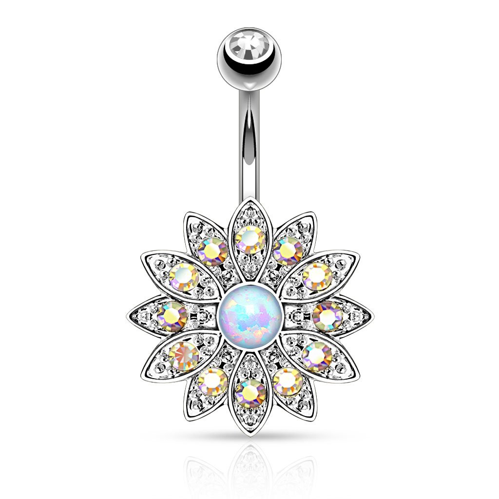 Forbidden Body Jewelry Aurora Borealis CZ Crystal Pave Flower with Opalite Gemstone Center Belly Button Ring