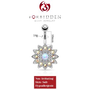 Forbidden Body Jewelry Aurora Borealis CZ Crystal Pave Flower with Opalite Gemstone Center Belly Button Ring