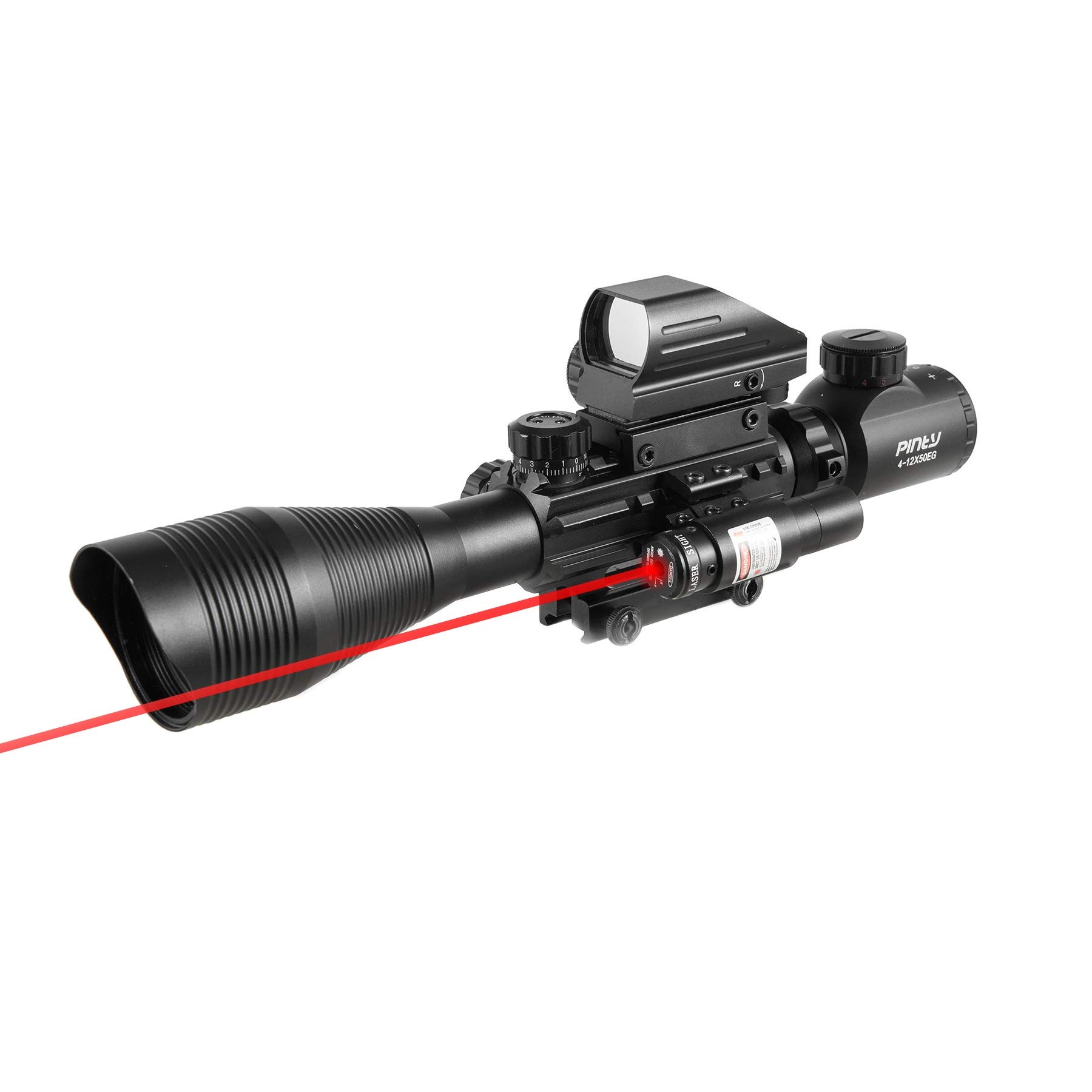 Pinty Rifle Scope 4-12x50EG Rangefinder Tactical Reticle Scope Combo with Laser Sight and Red Dot Sight