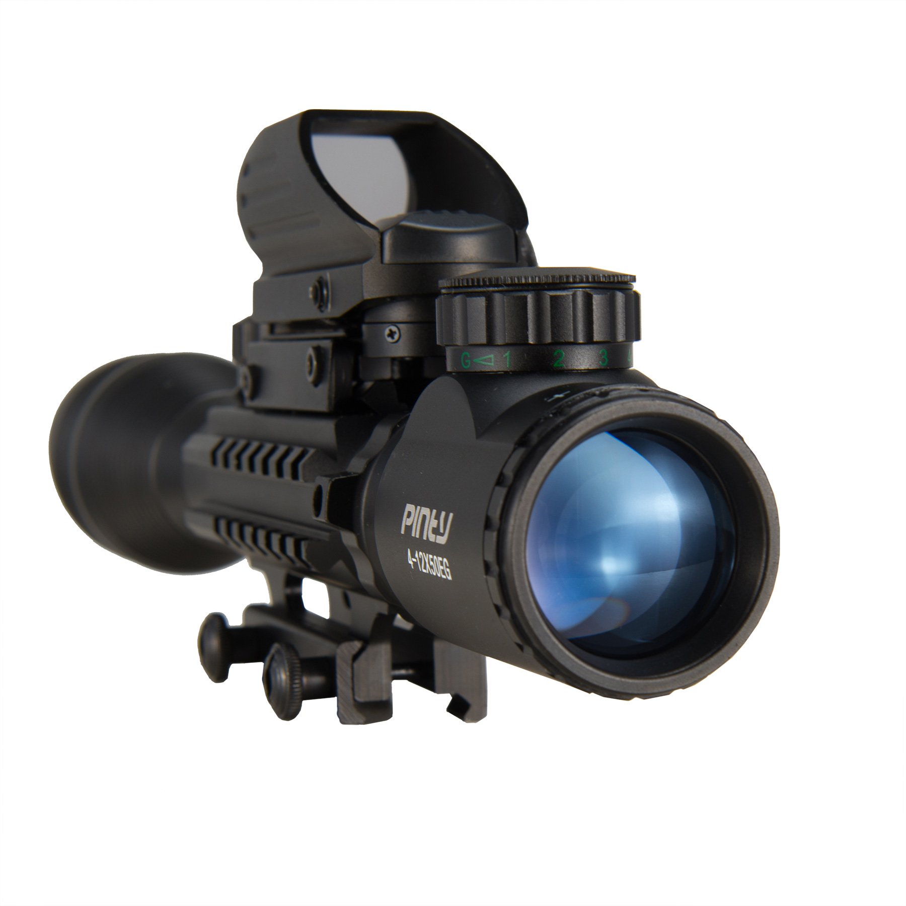 Pinty Rifle Scope 4-12x50EG Rangefinder Tactical Reticle Scope Combo with Laser Sight and Red Dot Sight