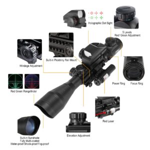 Pinty Rifle Scope 4-12x50EG Rangefinder Tactical Reticle Scope Combo with Laser Sight and Red Dot Sight