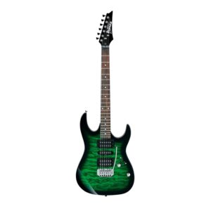 ibanez 6 string solid-body electric guitar, right, transparent green burst (grx70qateb)