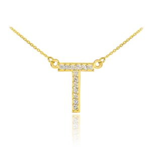 fine 14k yellow gold diamond-studded initial letter t pendant necklace, 16"